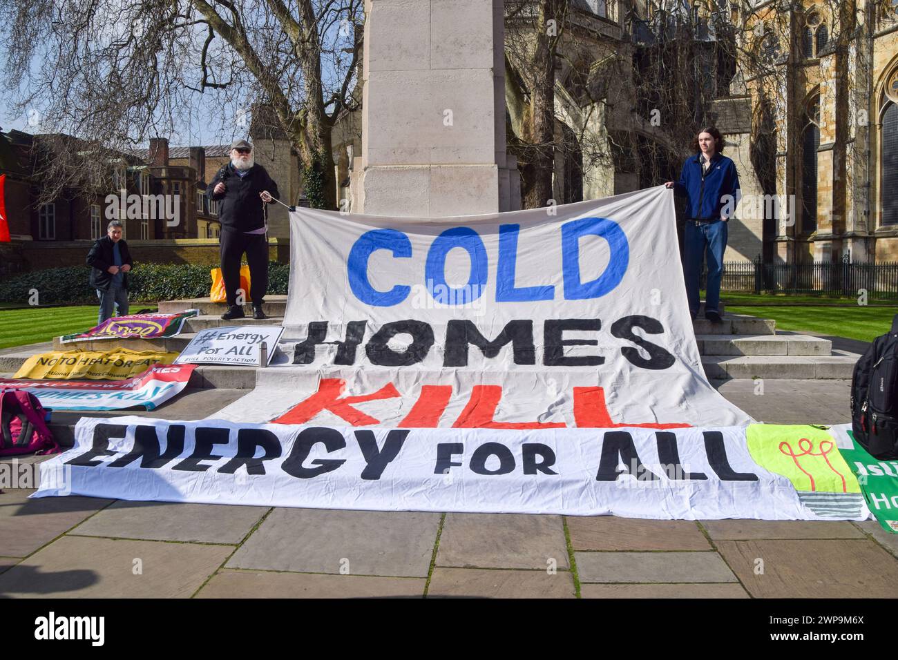 London, UK. 06th Mar, 2024. Protesters hold a banner which states 'Cold ...