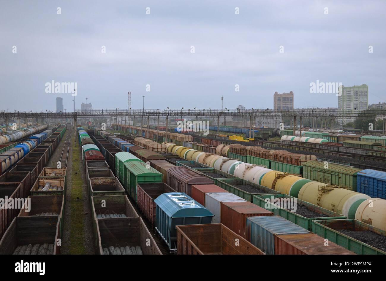 Freight cars are parked at the station on the railroad tracks Stock ...