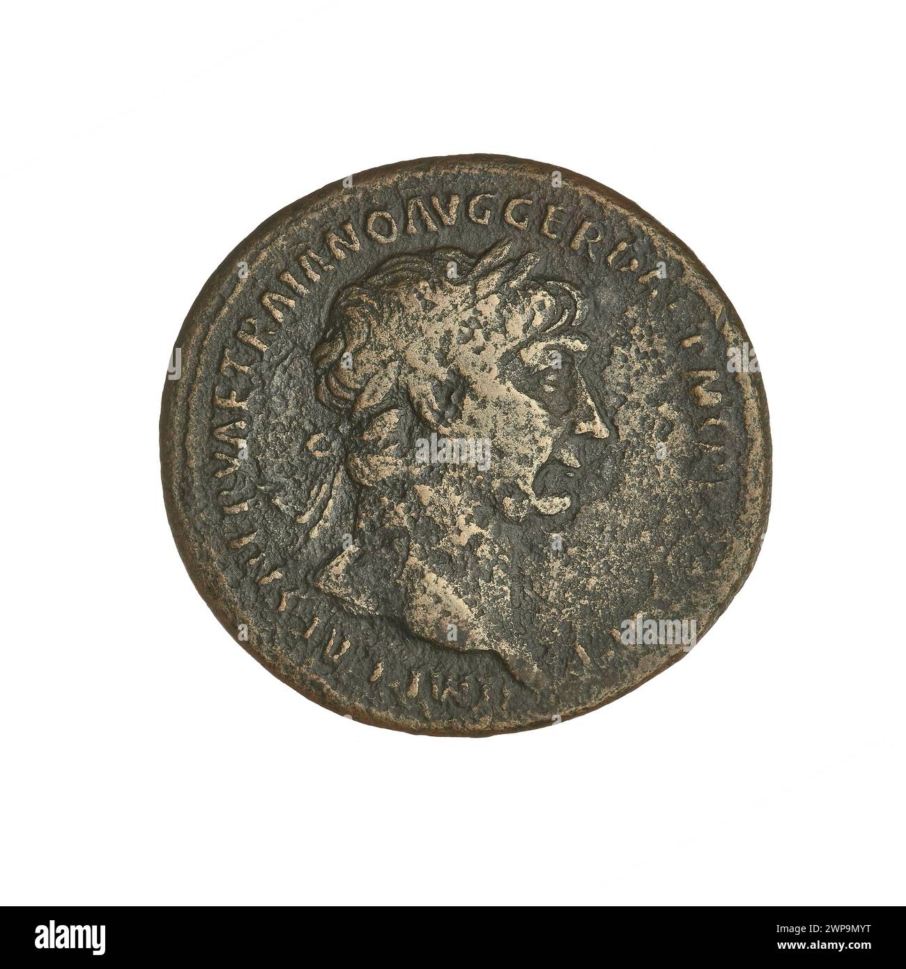 A Roman AS coin from 104-111 showing Trajan, with heads, shields ...
