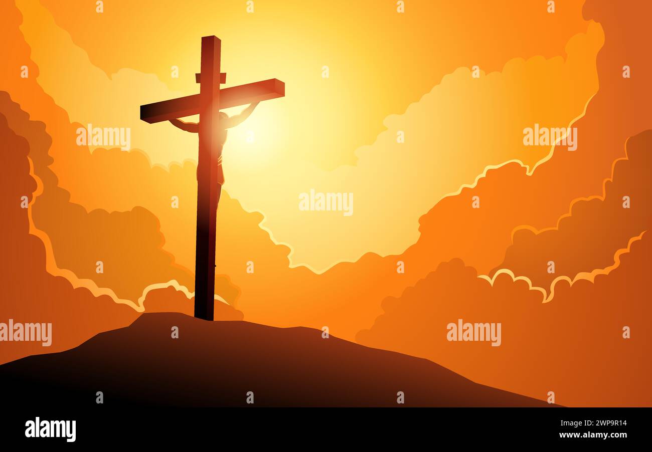 Biblical vector illustration series, back view of Jesus on the cross ...
