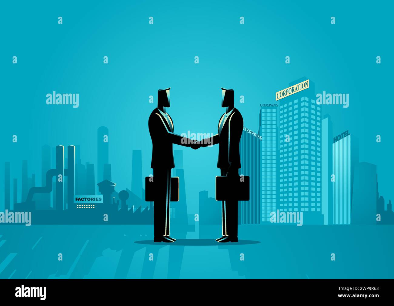 Two businessmen shaking hands, set against the backdrop of factory and ...