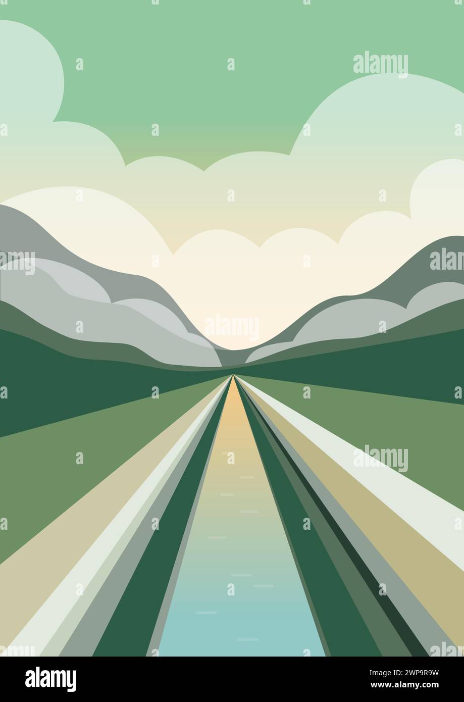 Aesthetic landscape with river in field illustration. Minimalist cloudy ...