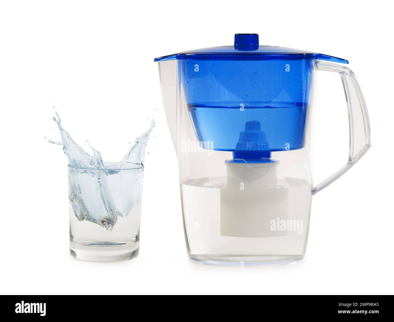 filter for cleaning water with splashing water in glass, isolated on ...