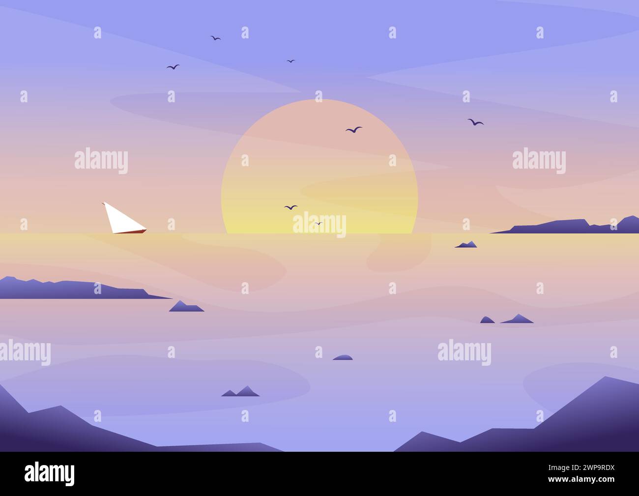 Morning landscape with sea and vessels vector illustration. Seaside ...