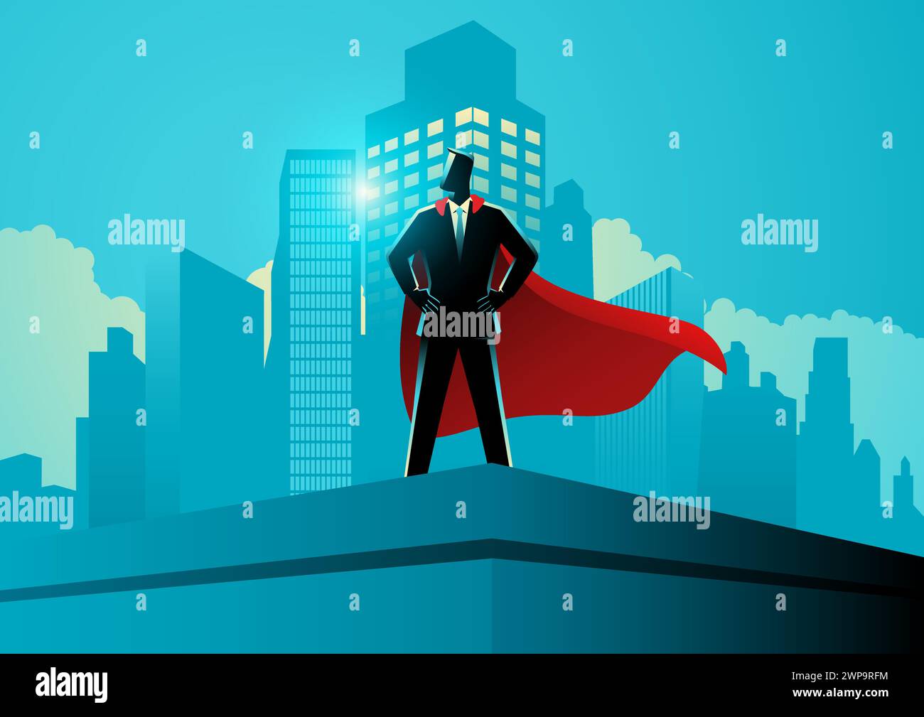 Businessman as a superhero standing on the top of a building ...