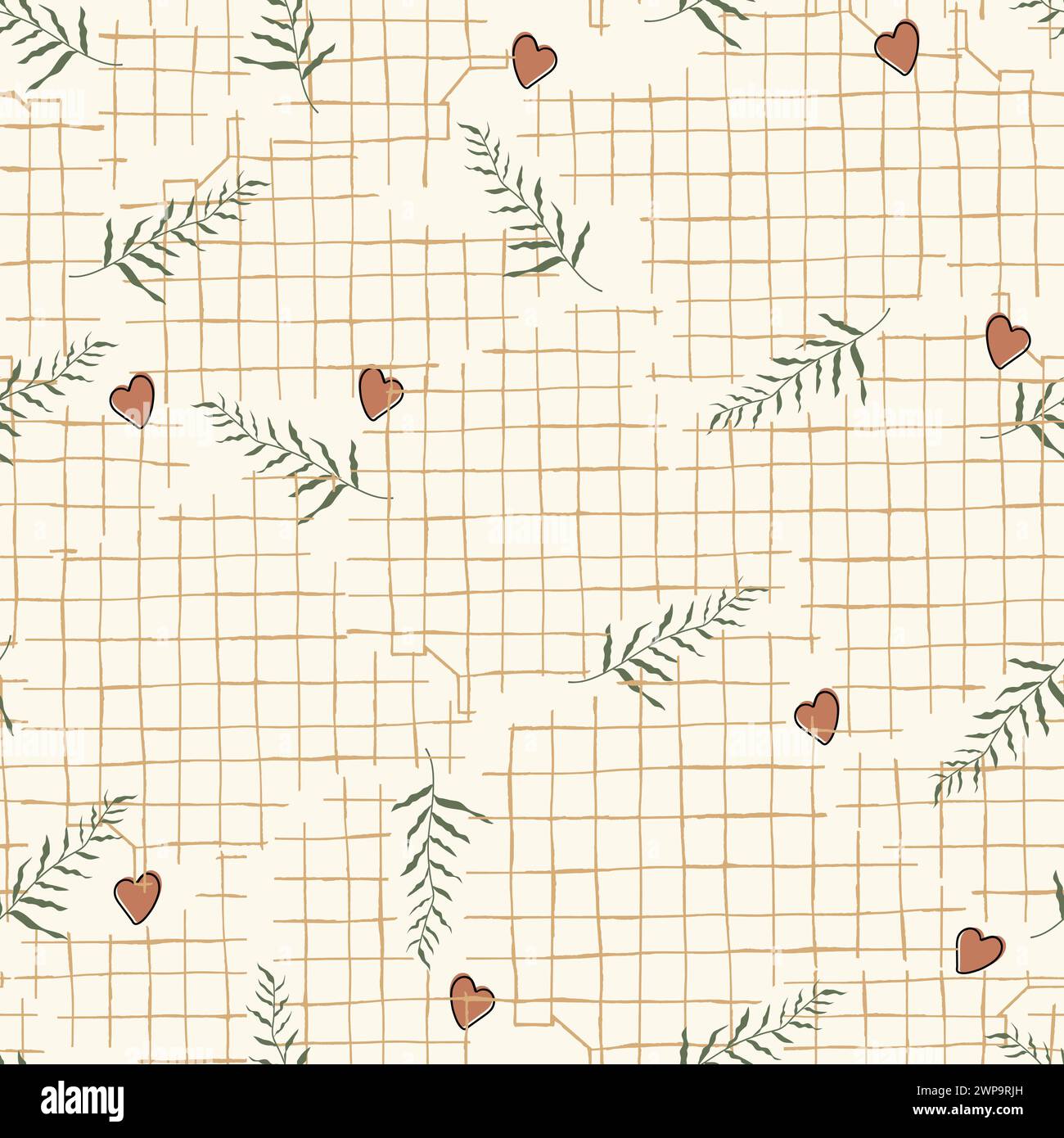 Grid line wall with small hearts and branches pattern. Spring ivy ...