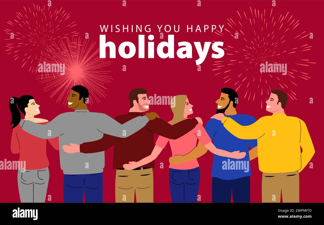 Cartoon illustration depicting a diverse group of people joyously ...