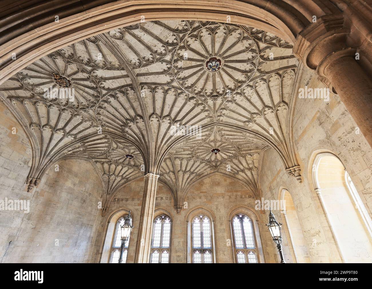 Fan vaulted ceiling above the staircase to the dining hall at Christ Church college, University ...