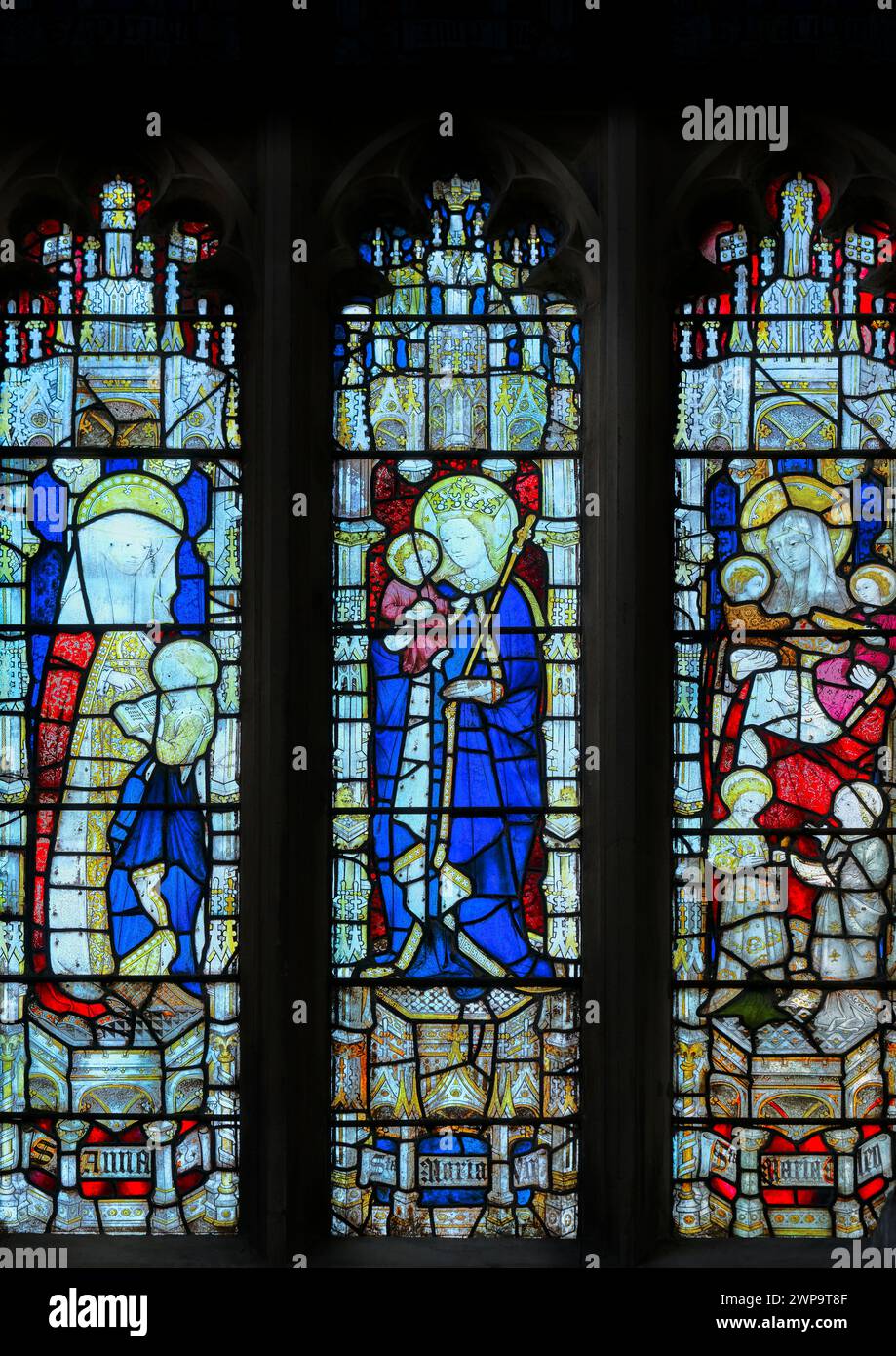 Figurs of St Anne and Saints Mary on a fifteenth century stained glass ...