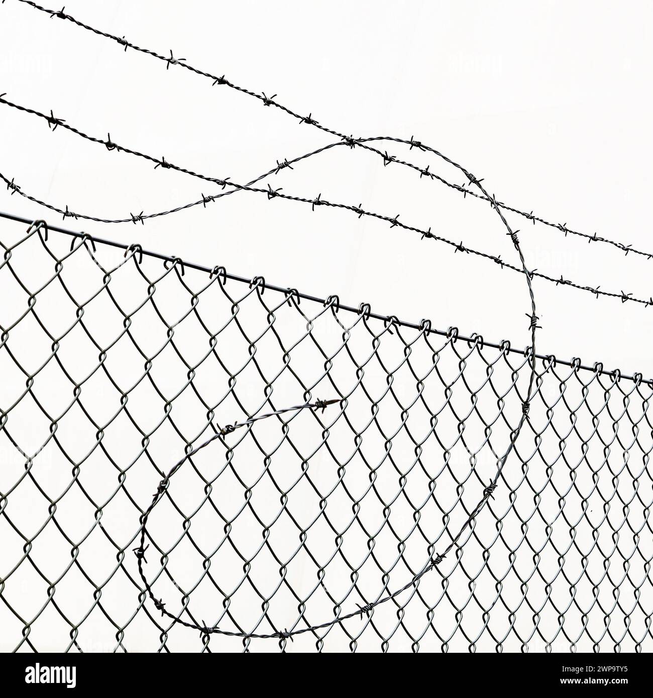Steel fence and barbed wire cut and broken in a loop Stock Photo - Alamy