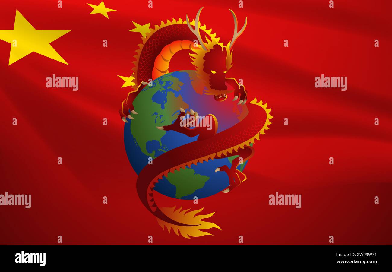 Red Chinese Dragon Encircles The World On The Backdrop Of The China Flag Symbolizing Chinas