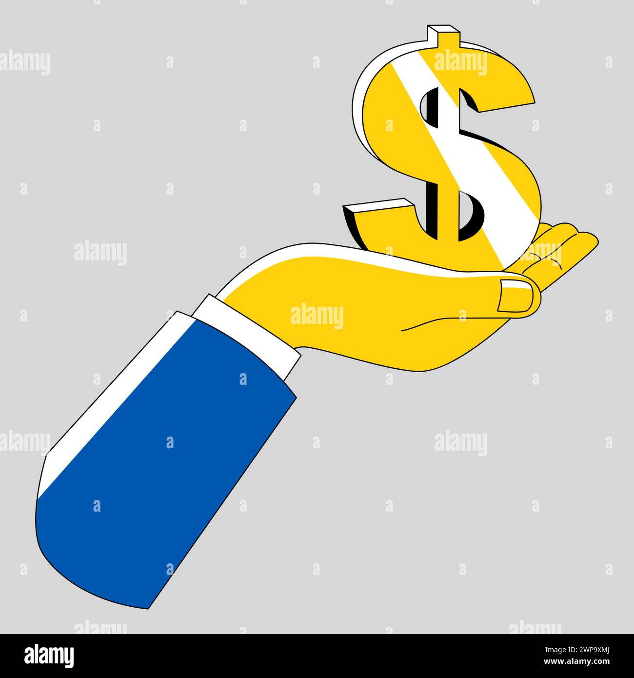 Simple line art of a businessman hand holding a gold dollar symbol ...