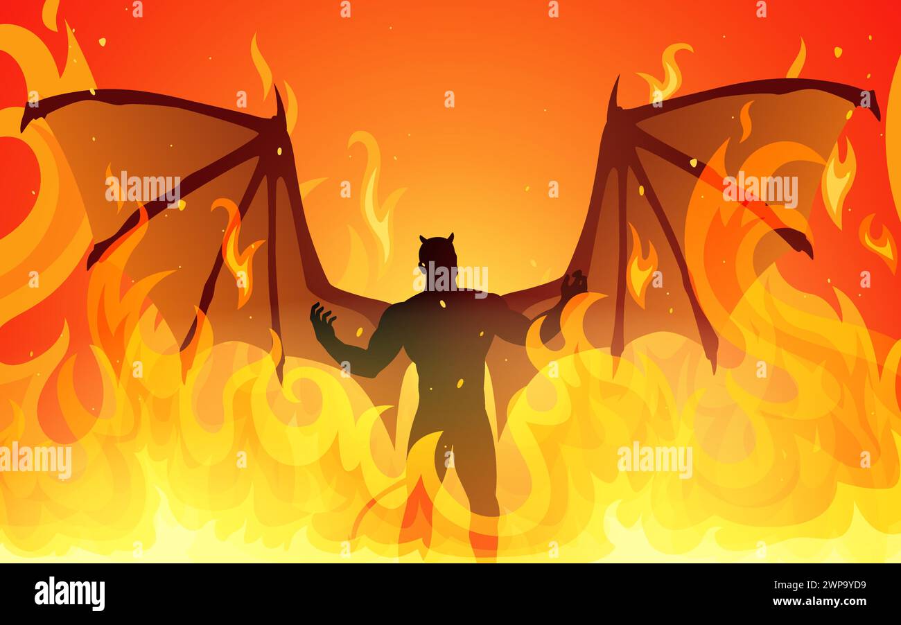 Vector illustration featuring the devil in a fiery inferno Stock Vector ...