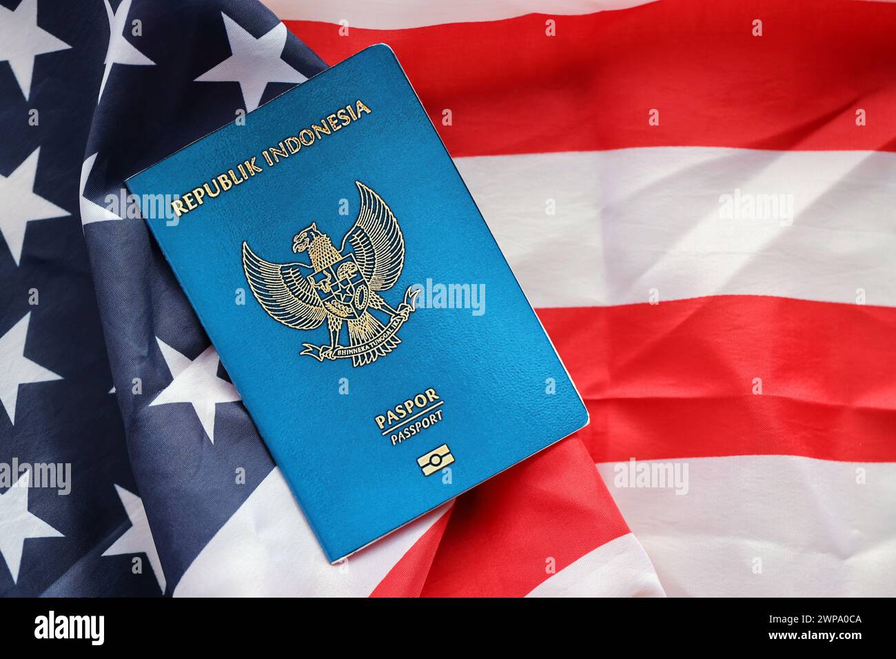 Blue Republic Indonesia Passport On United States National Flag 8344