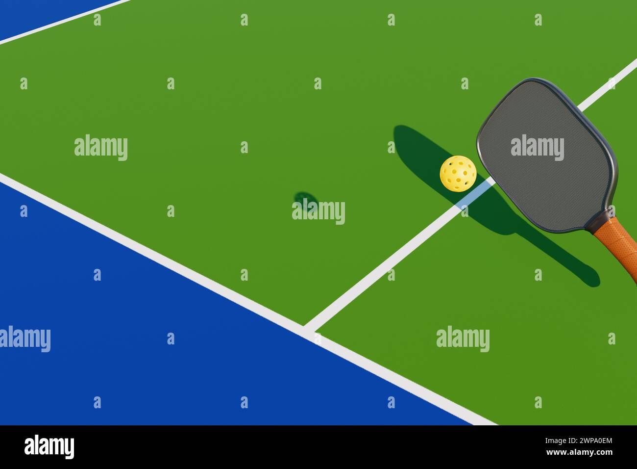 A pickleball racket hits the ball on a sports court. 3d rendering Stock ...