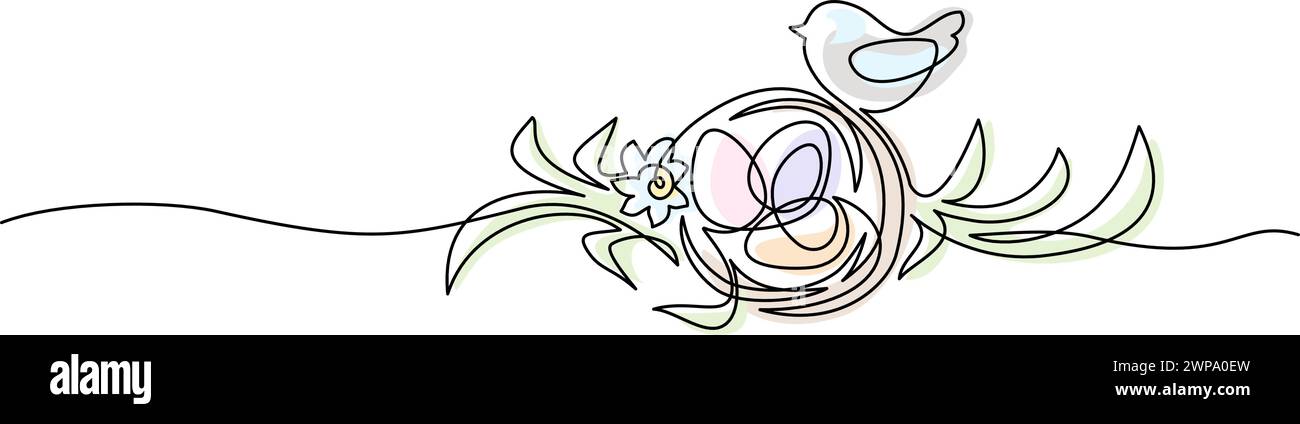 Happy Easter. Hen with Easter eggs. Continuous line drawing. Border ...