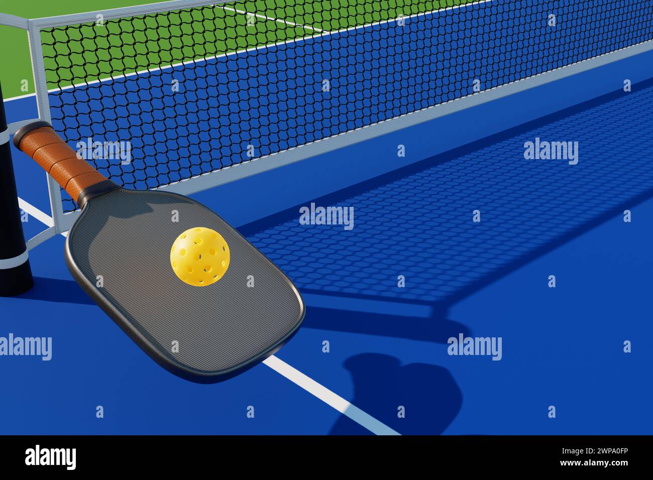 Pickleball racket and ball on a court with a net. 3D rendering Stock ...