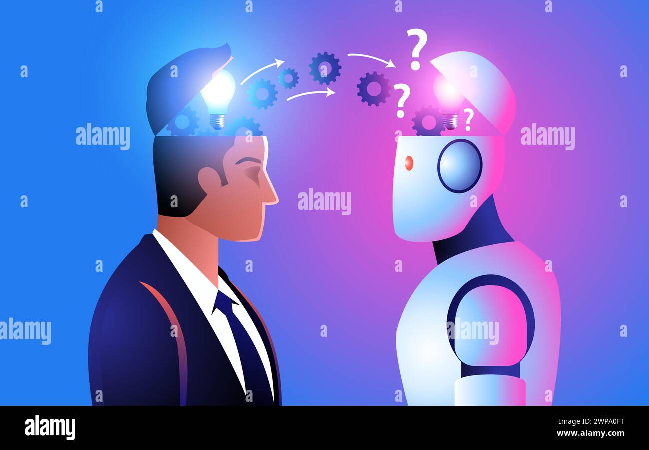 AI learning, robot inputting information from a human head into its own. Idea of knowledge ...