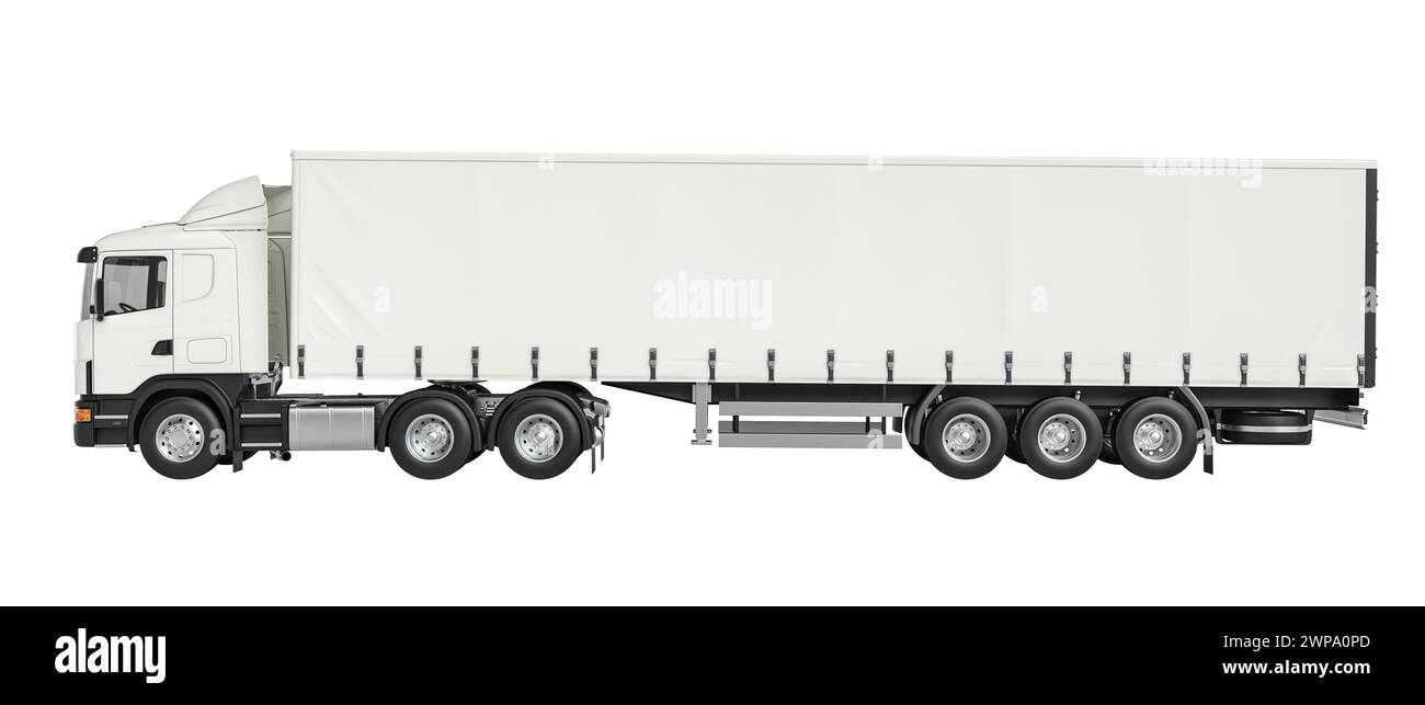 Detailed side view of a modern white semi truck, fully editable and ...