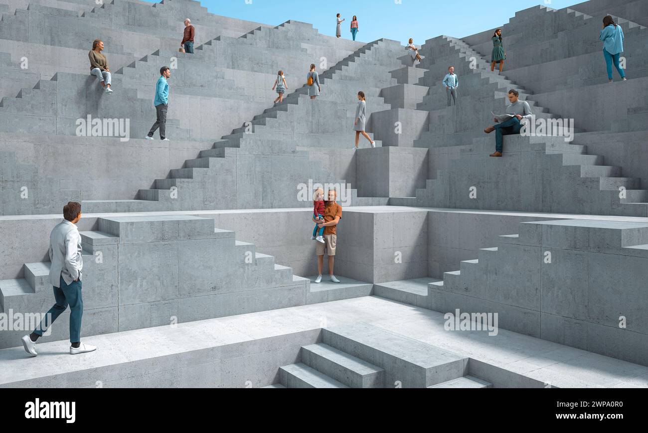 Diverse individuals ascending and descending through a large concrete ...