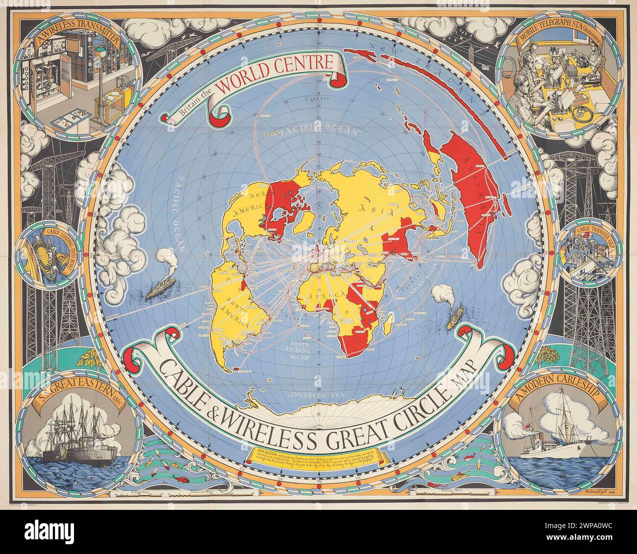 Vintage Illustrated Specialised Map. Britain The World Centre, Cable ...