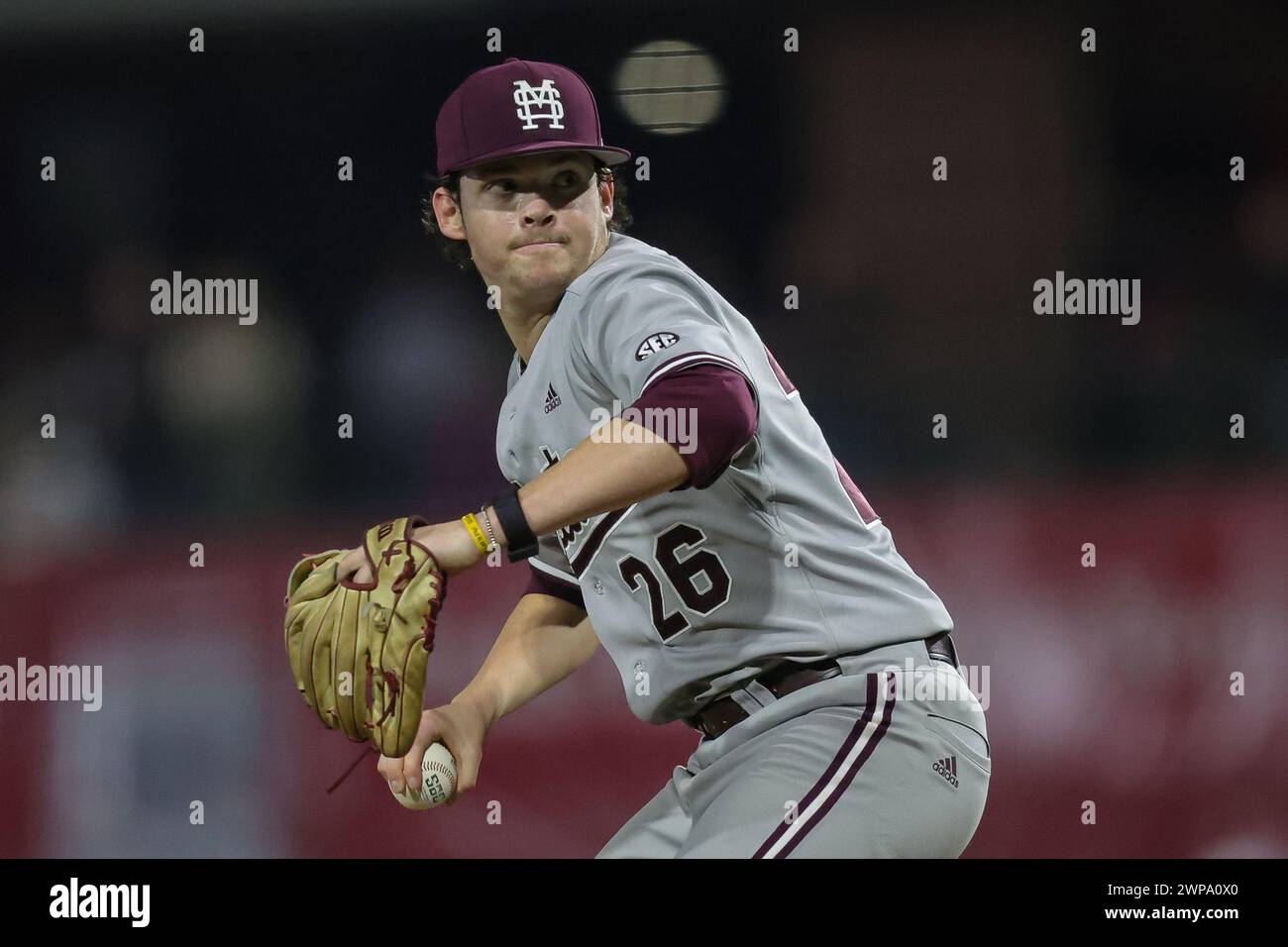 March 05, 2024: Mississippi St. pitcher Tyson Hardin (26) pitches ...