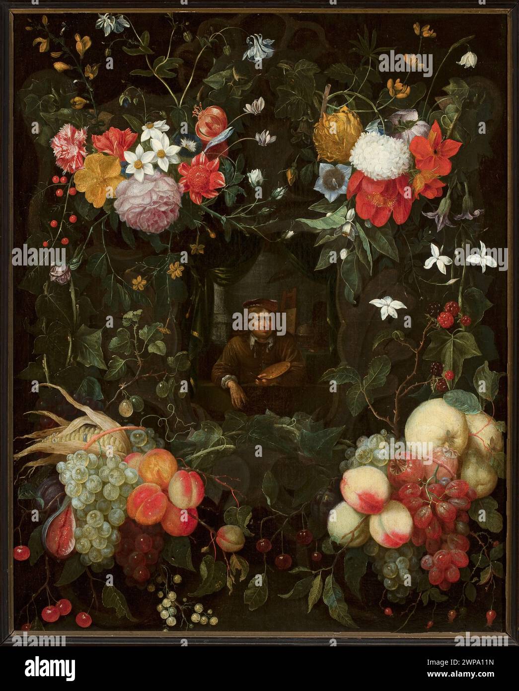 Portrait of the painter in the rim of flowers and fruits; Huynen ...