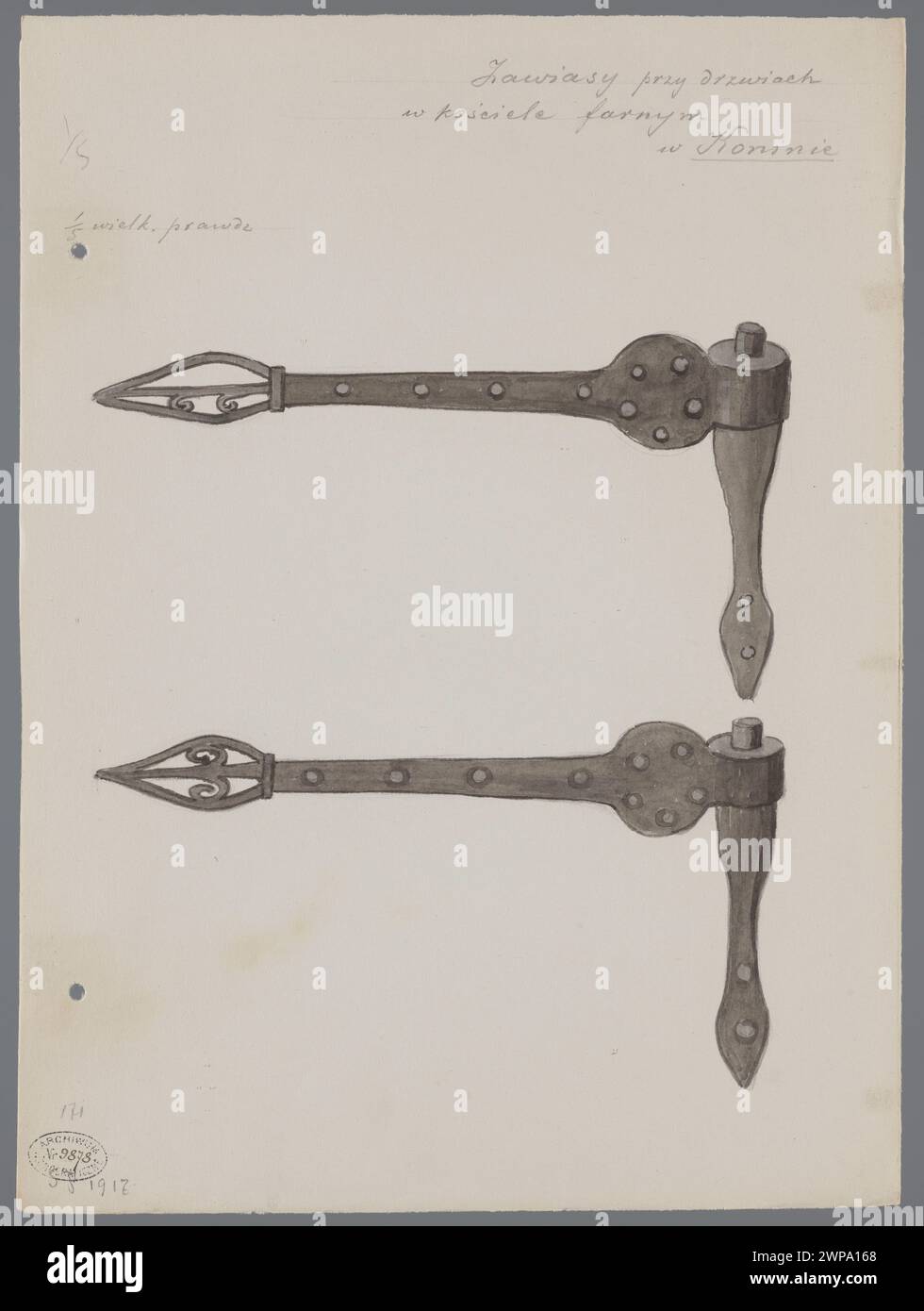 A 1:5 scale illustration of door hinges from the parish church in Konin ...