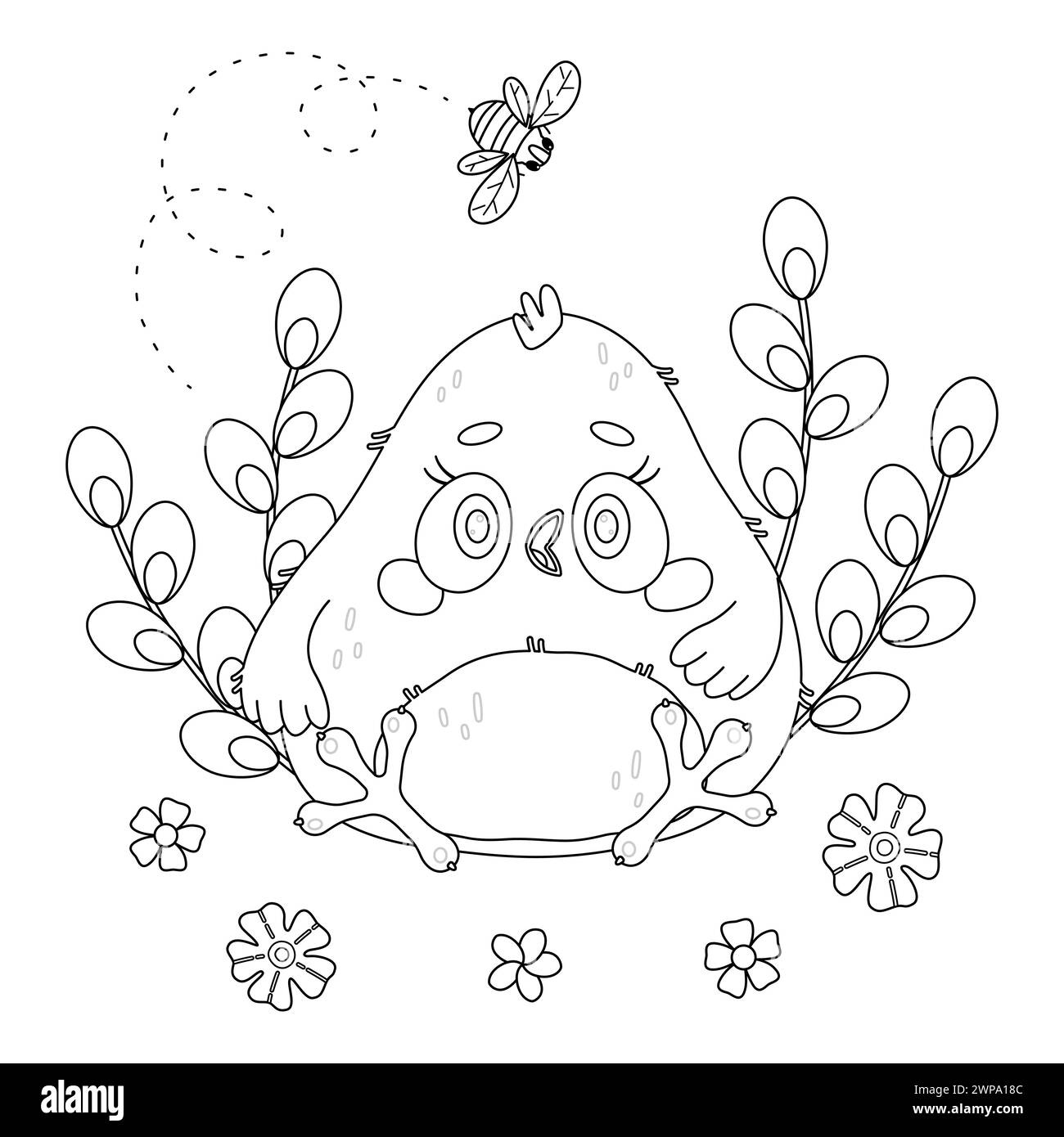Chicken hand drawn cute cartoon Coloring Page small chick. Outline ...