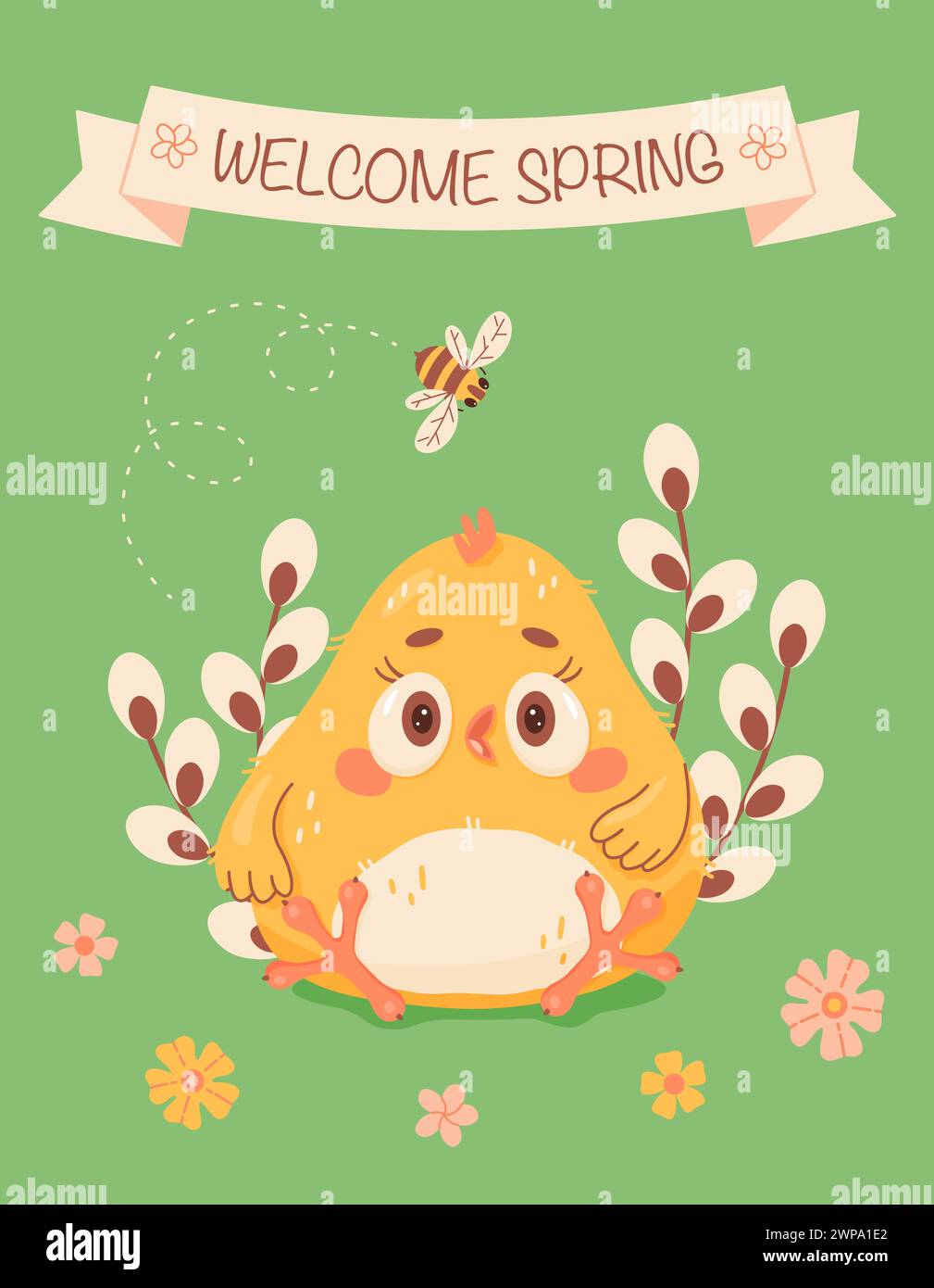Spring greeting card with small chick, flowers and bee. Hand drawn cute ...