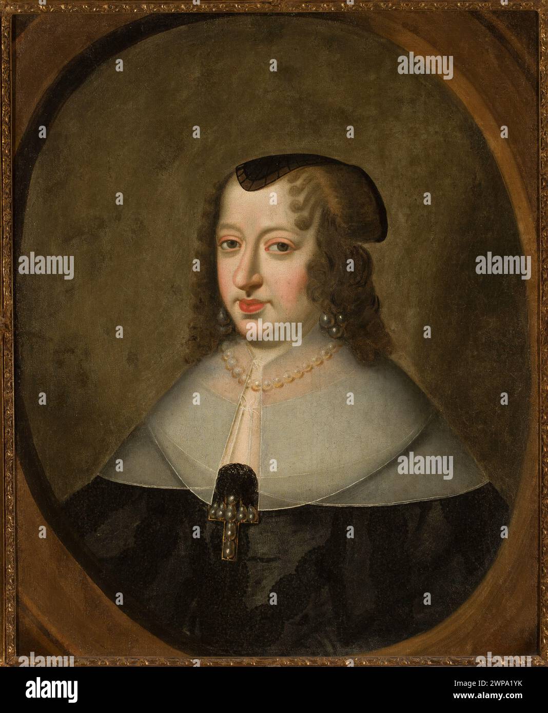 This 17th-century portrait depicts a woman wearing a black dress with ...