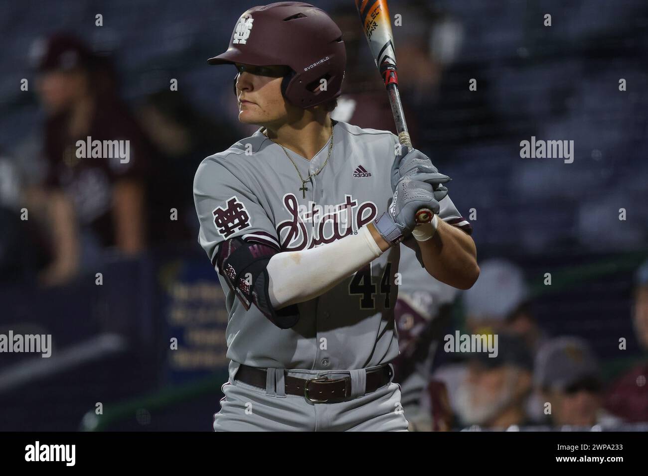 March 05, 2024: Mississippi St. infielder Hunter Hines (44) on deck ...