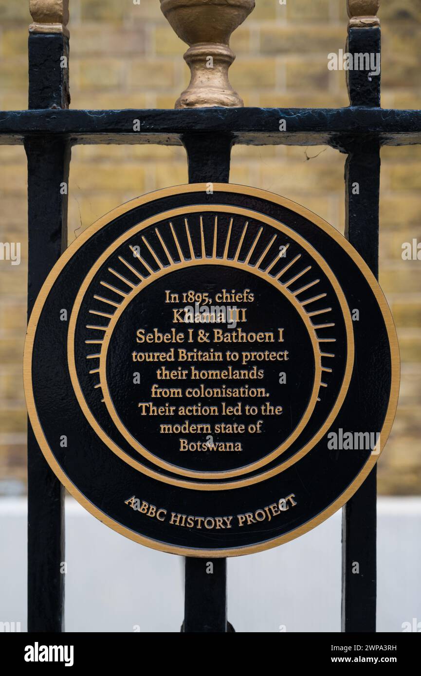 A BBC History Project commemorative plaque on the iron railings outside ...