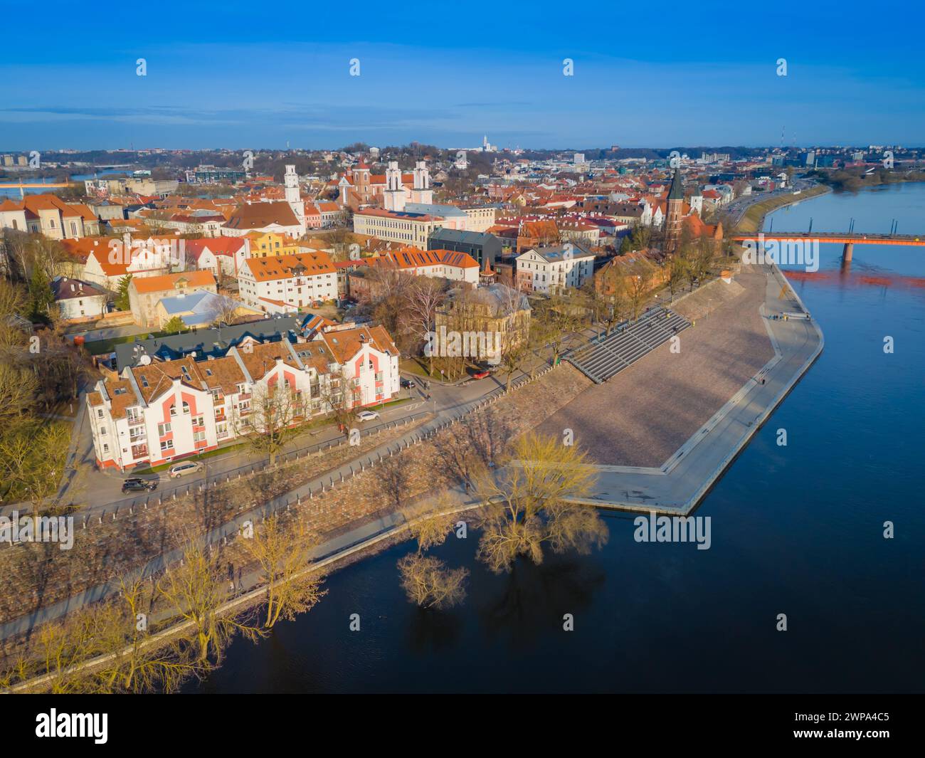 Aerial view of spring flood in the middle of the city. Covered ...