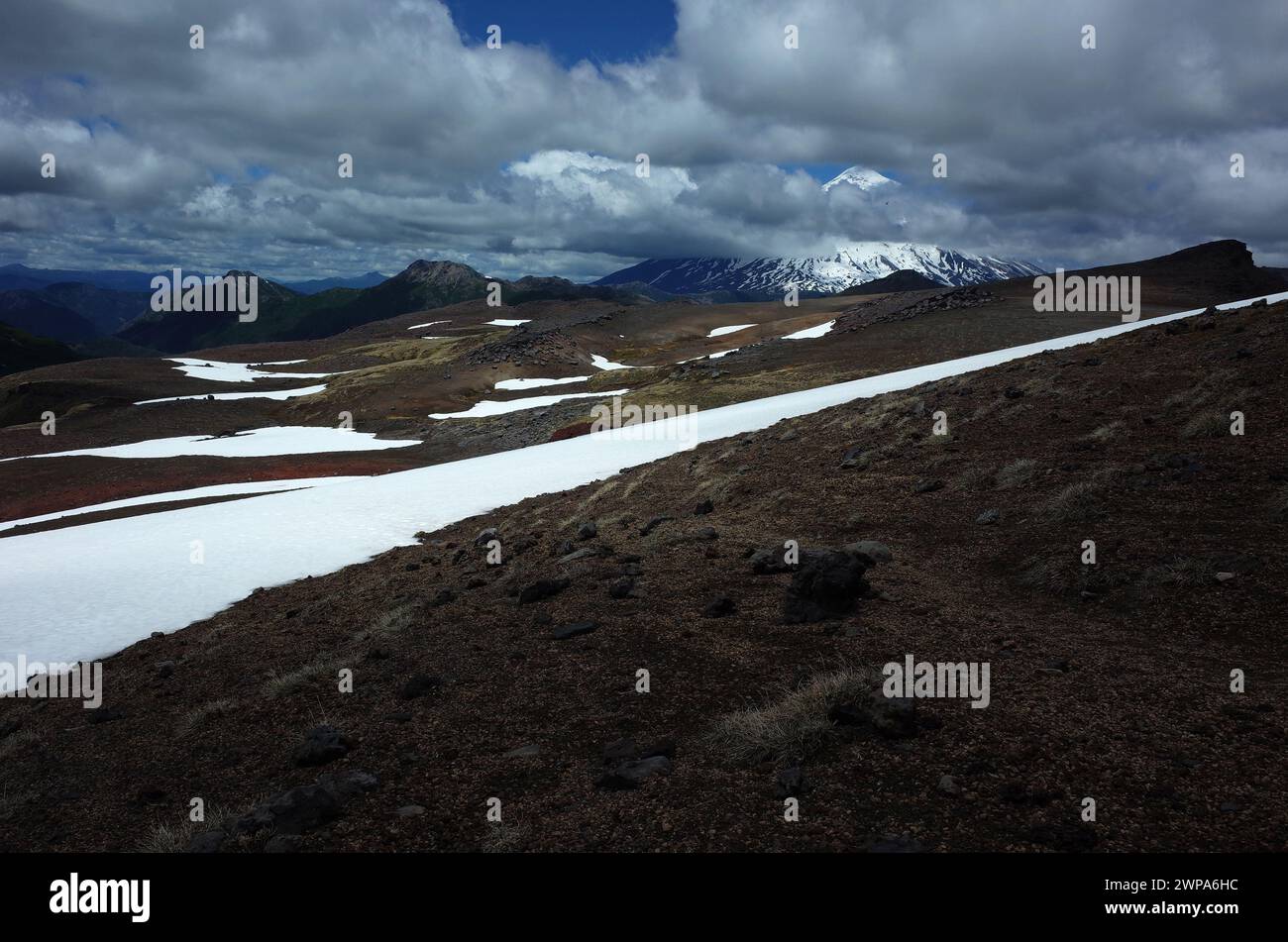 Volcano Lanin, Beautiful mountain landscape with snow line on dark ...