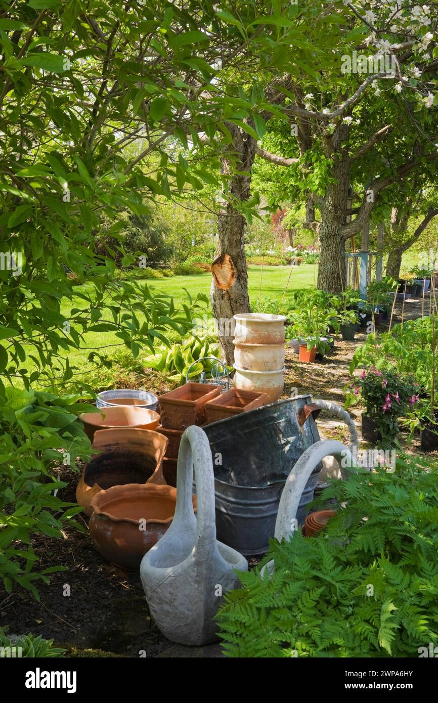 Assorted size empty cement, metal and terracotta planters next to ...