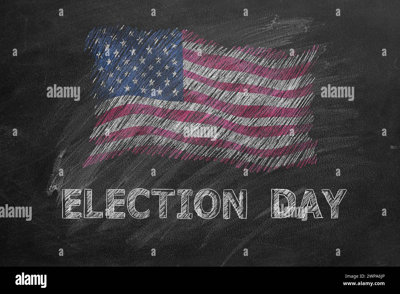 The inscription ELECTION DAY and American flag is drawn with chalk on a ...