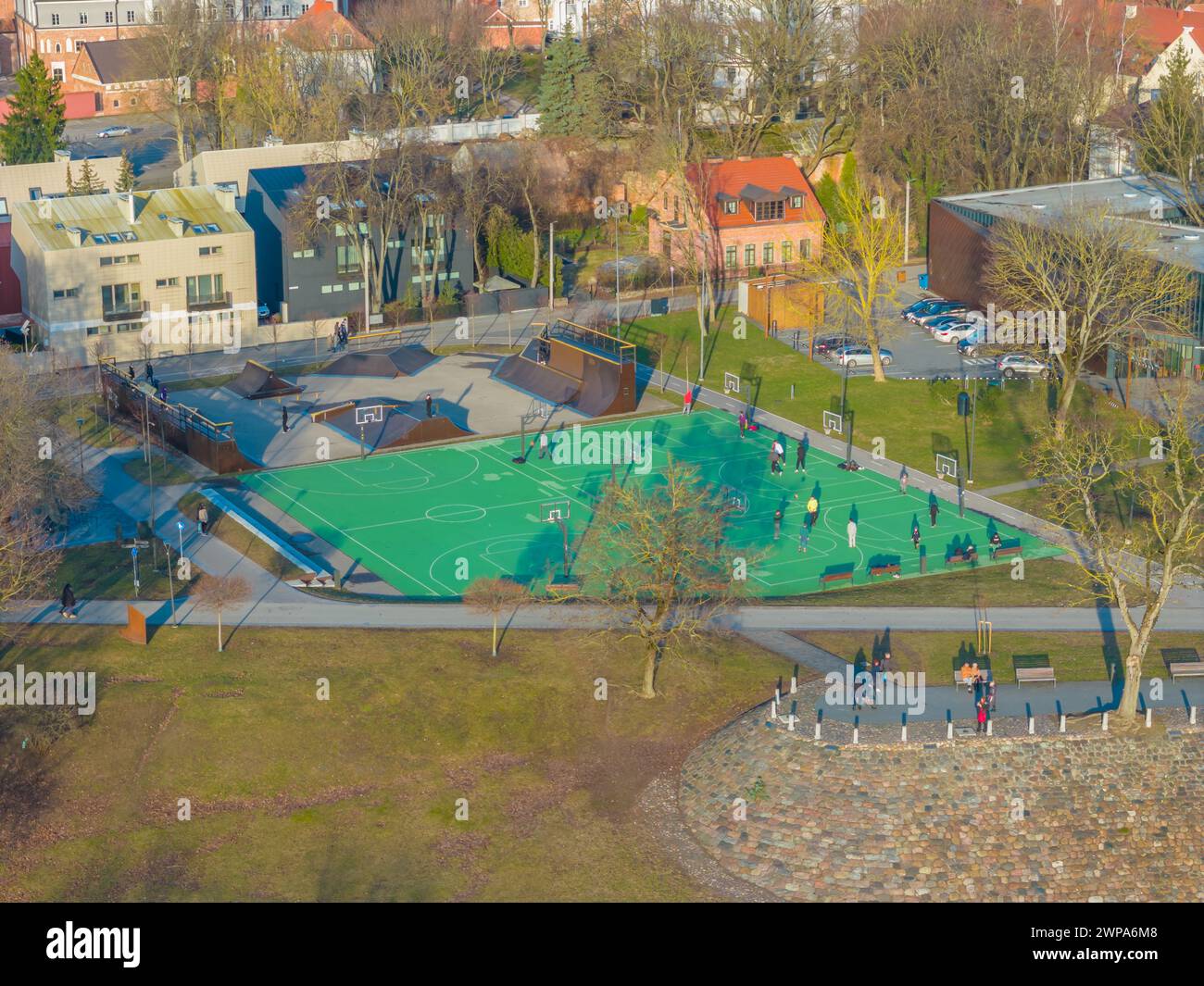 Public basketball court and skate park. Tops down aerial view photo ...