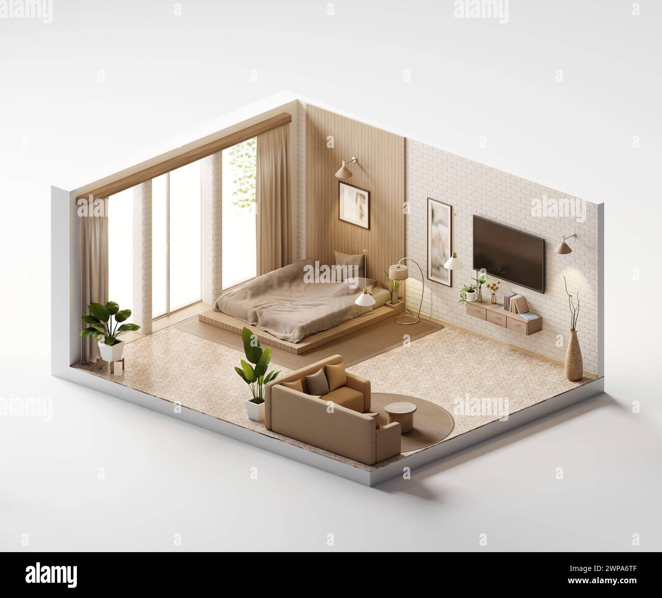 Isometric view bed room open inside interior architecture 3d rendering ...