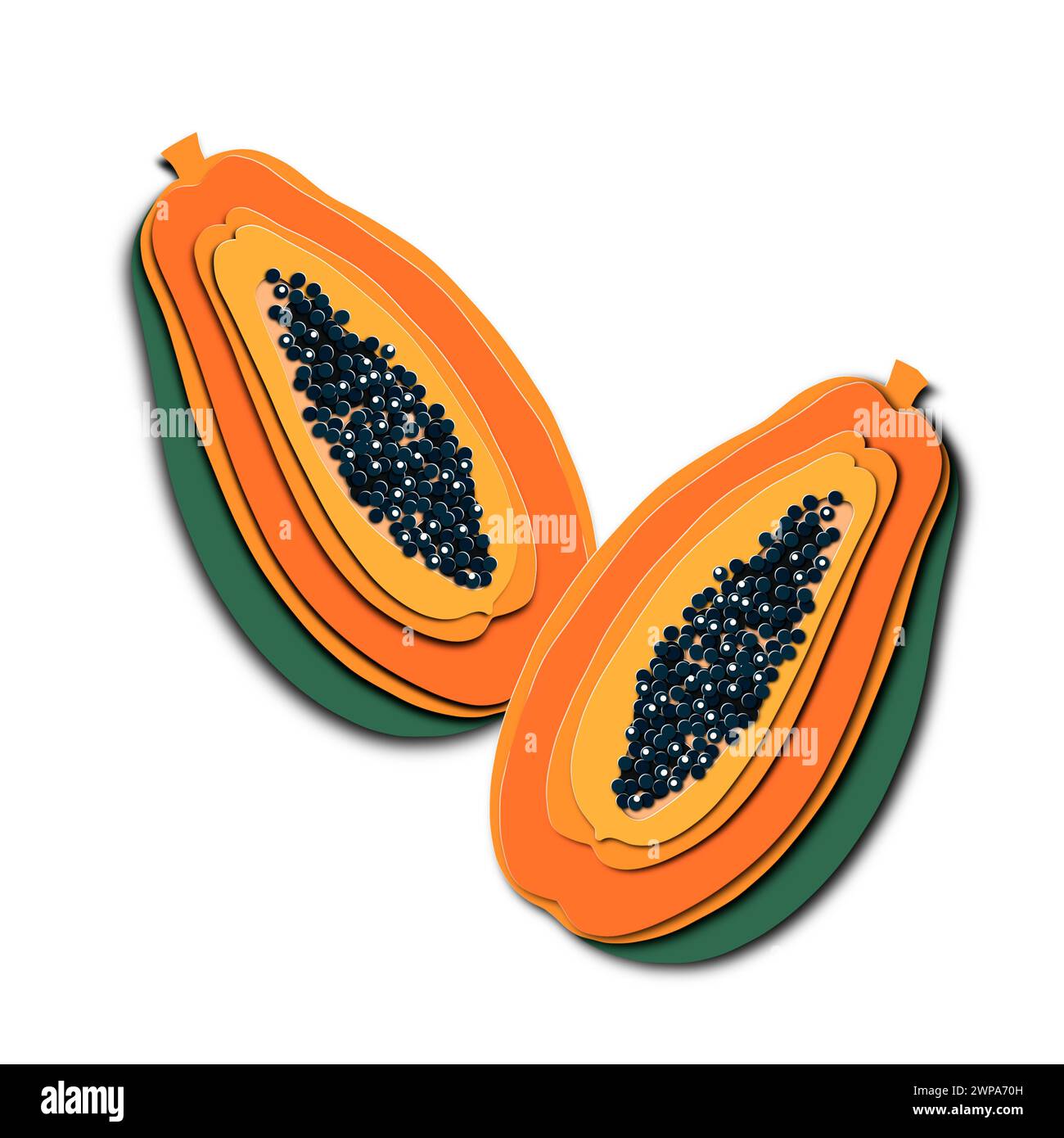 Set of papaya fruit in modern 3d paper cut style isolated on white ...