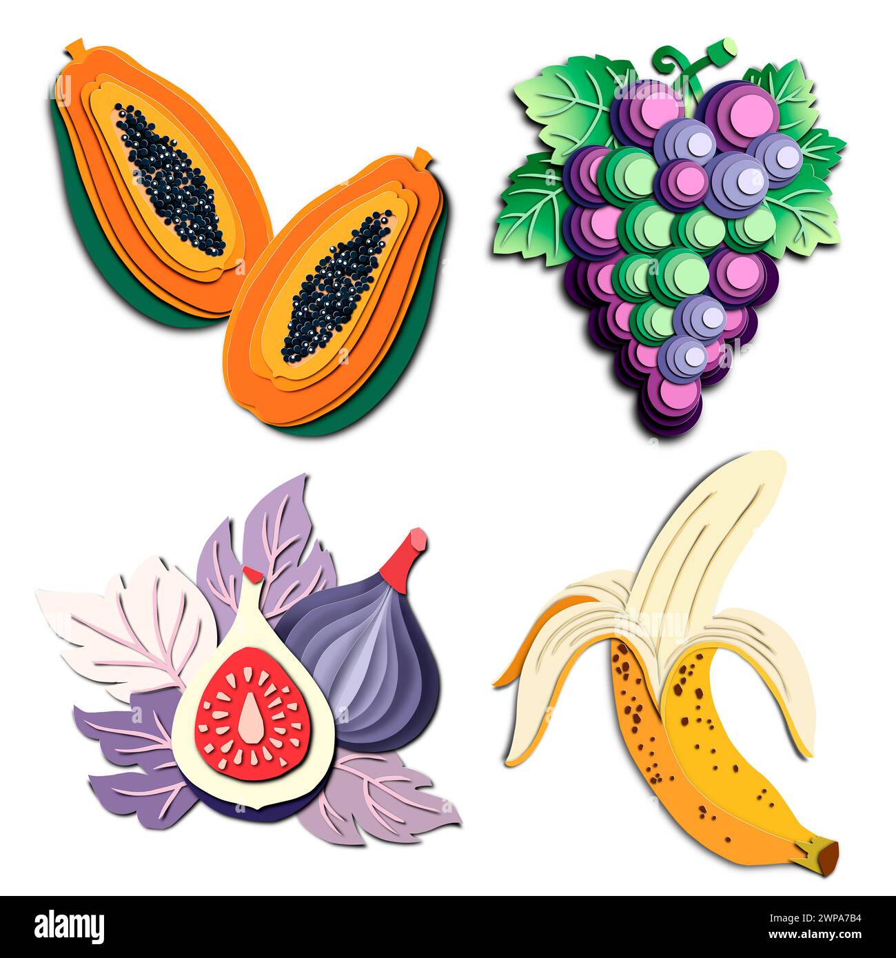 Collection cartoon fruits in layer paper cut style isolated on white ...