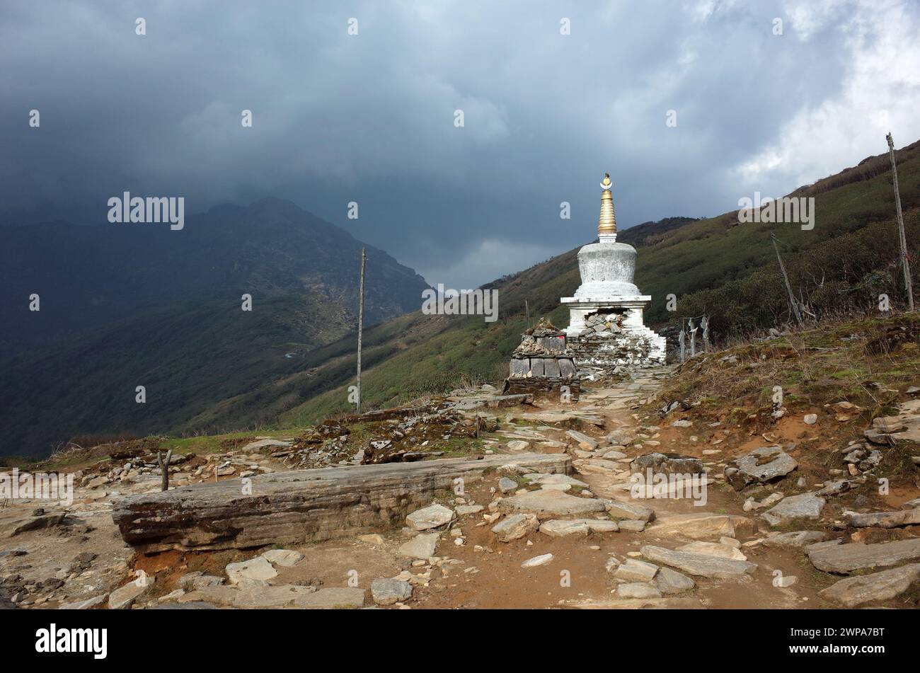 Old white buddhist stupa on Lamjura La pass in Nepal Himalayas, along ...