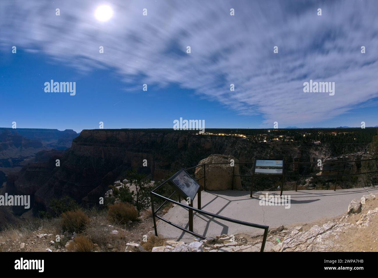 View of Grand Canyon Village Arizona under moonlight from the Trailview ...