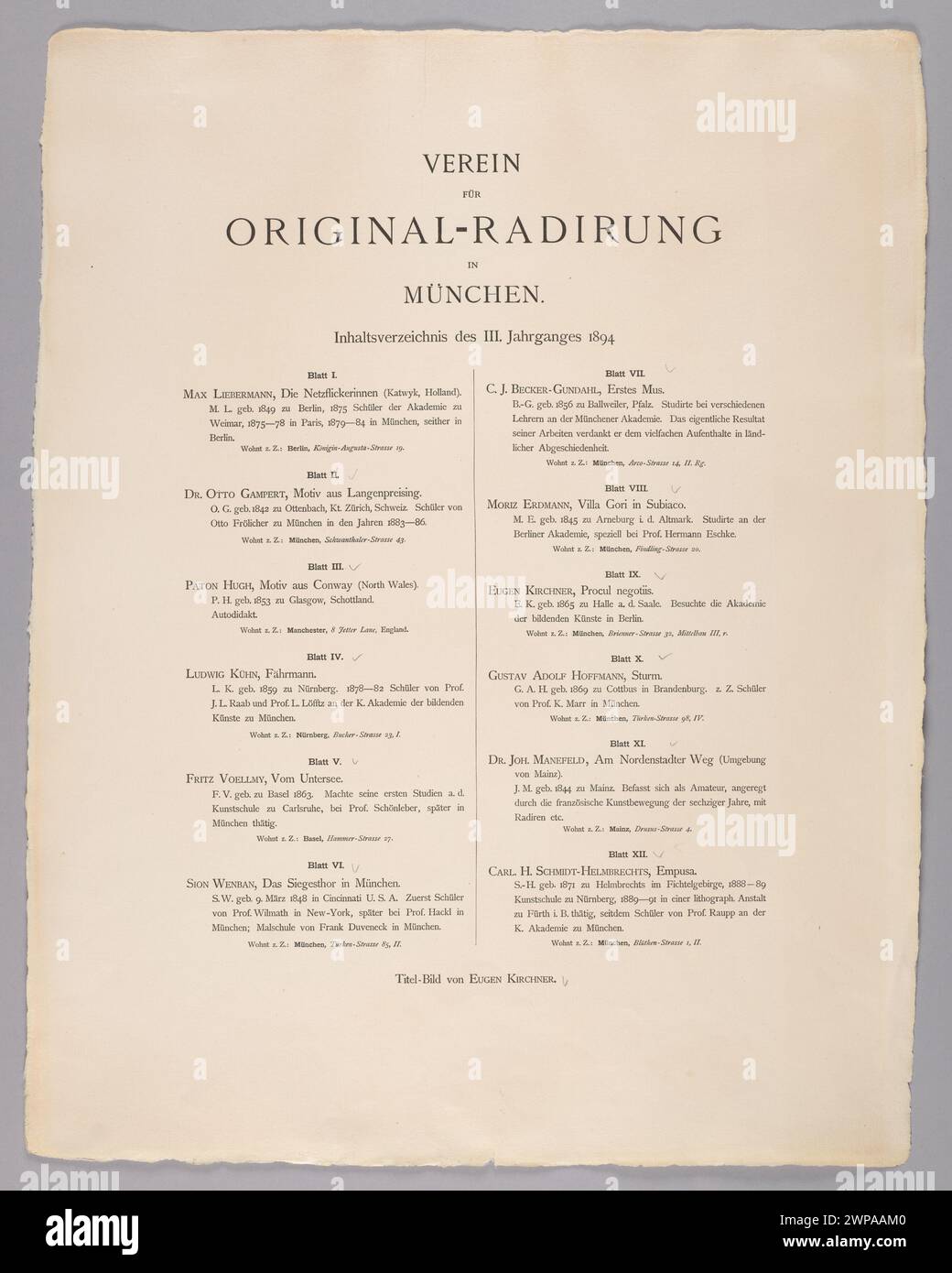 A 1894 table of contents for a portfolio by Verein für Original ...