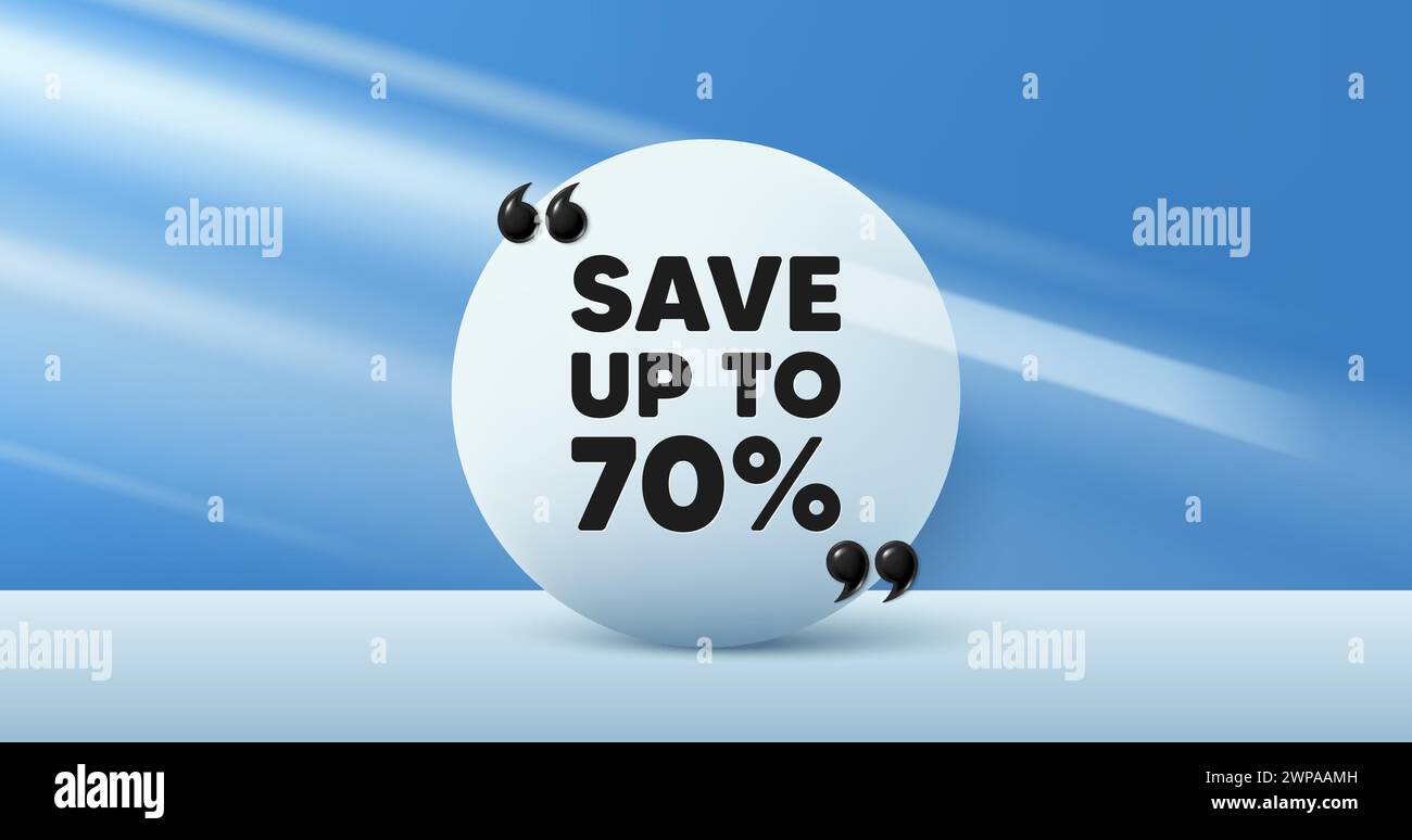 Save up to 70 percent. Discount Sale offer price sign. Circle frame, product stage background ...