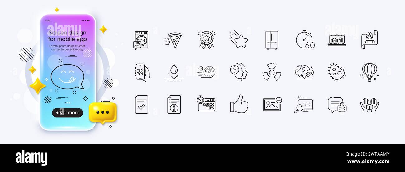 Washing machine, Add photo and Checked file line icons for web app. Pictogram icon. Phone mockup ...