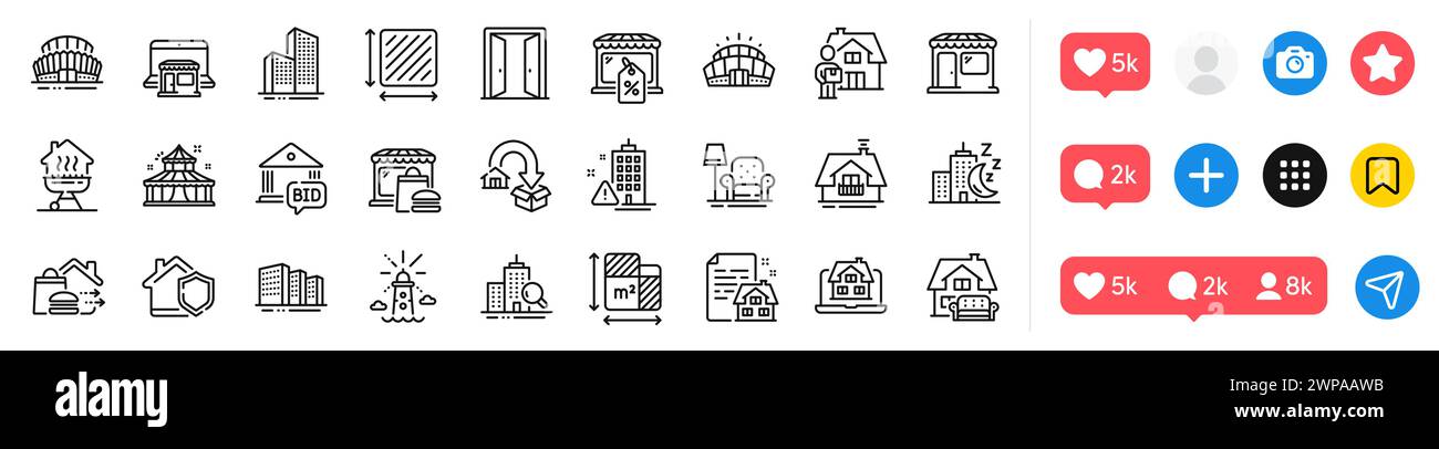 Sports stadium, Lighthouse and Skyscraper buildings line icons pack ... Sports stadium, Lighthouse and Skyscraper buildings line icons pack ...