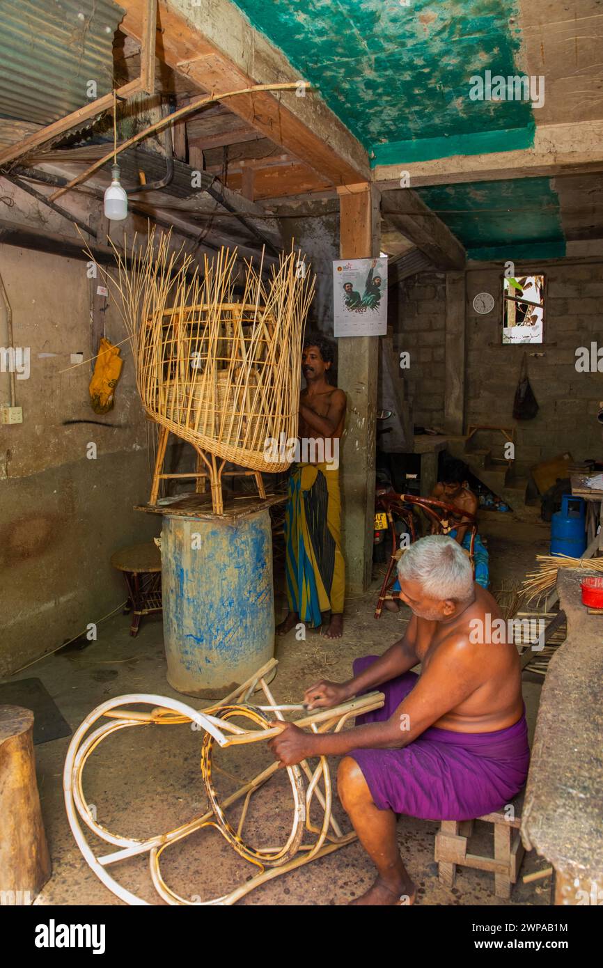 Warakapola, Sri Lanka. 10 february 2023. small rattan workshop-shop where they make furniture ...