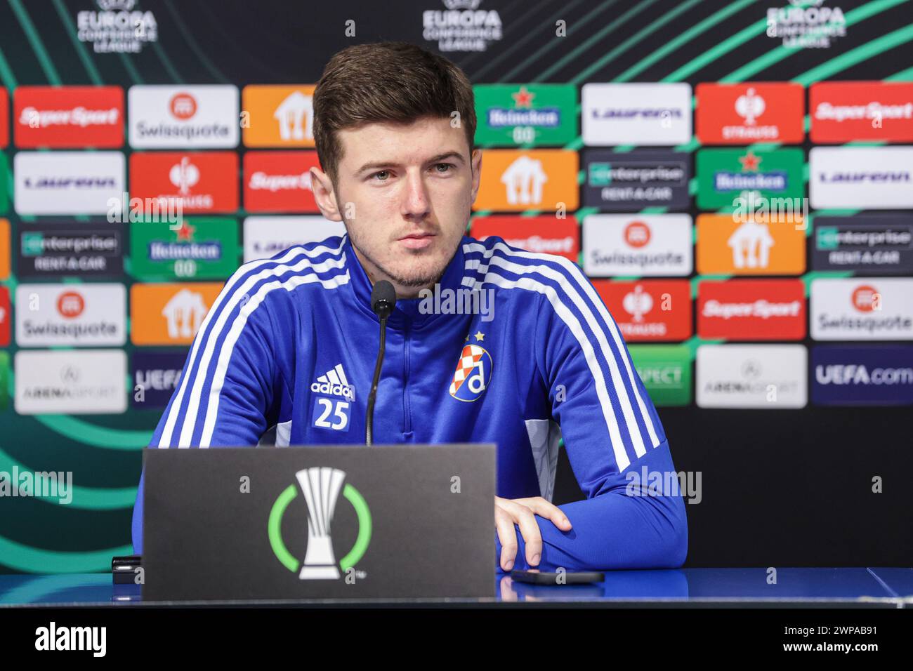 Zagreb, Croatia. 06th Mar, 2024. Petar Sucic of Dinamo Zagreb speaks at ...