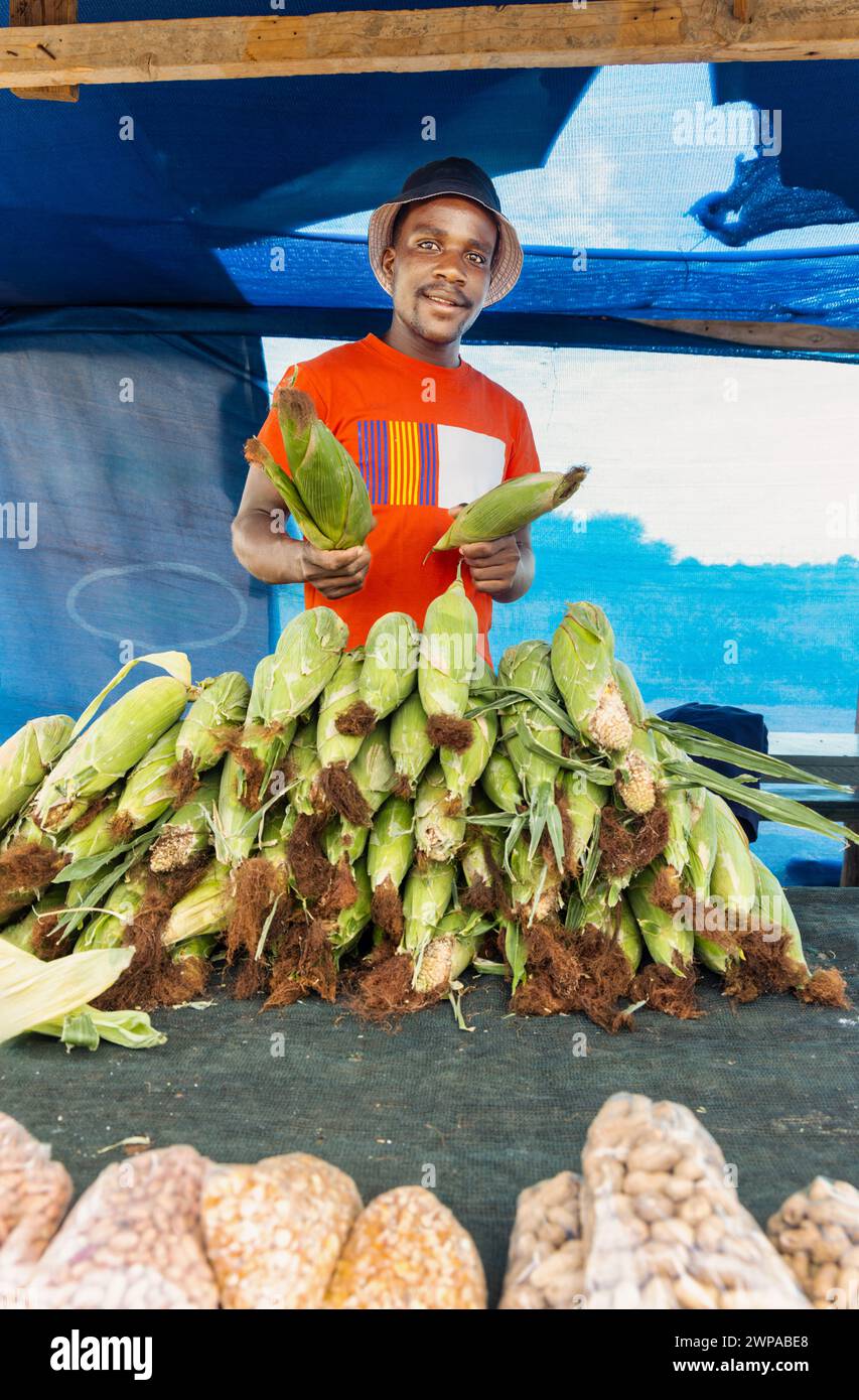 african street vendor selling green sweetcorn, and peanuts on the side ...